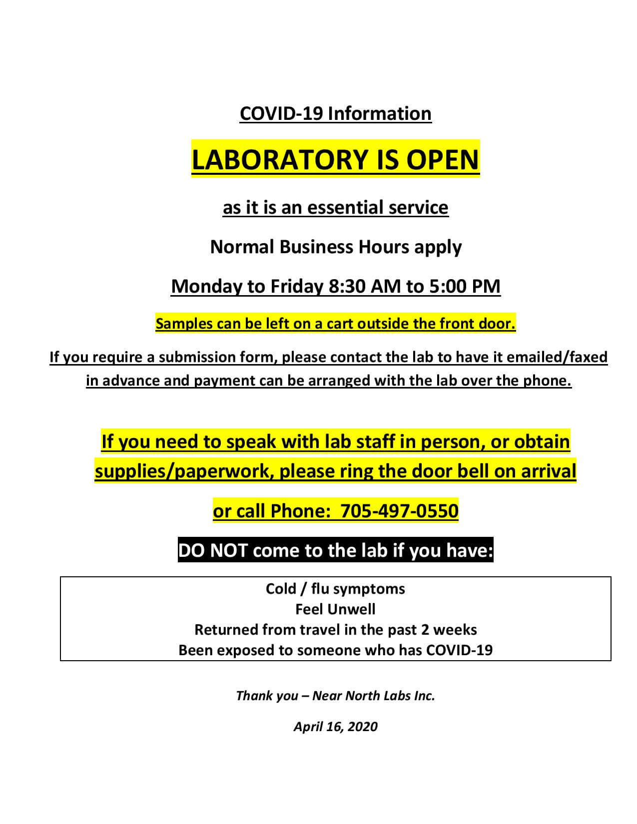 Notice Regarding COVID-19 – Near North Lab